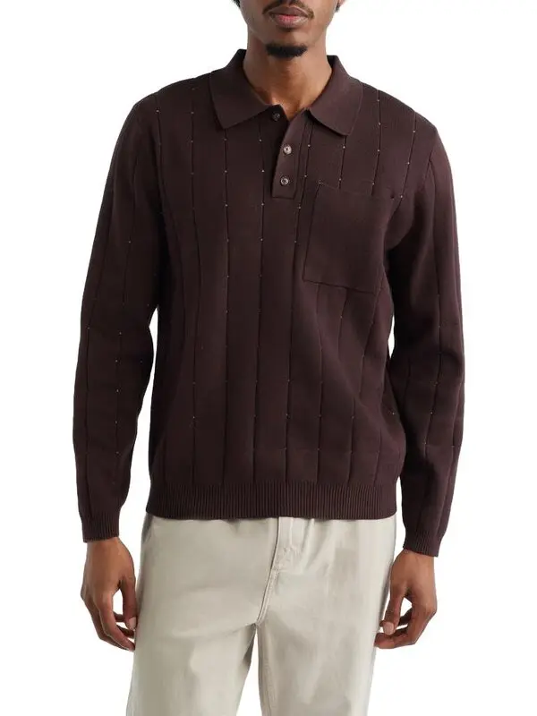 Topman Pointelle Long Sleeve Polo - Brown