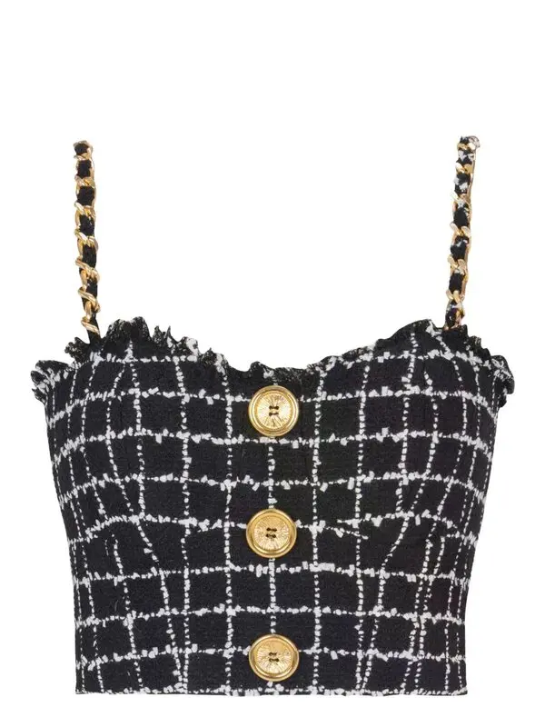 Balmain Chain-strap Tweed Top - Black
