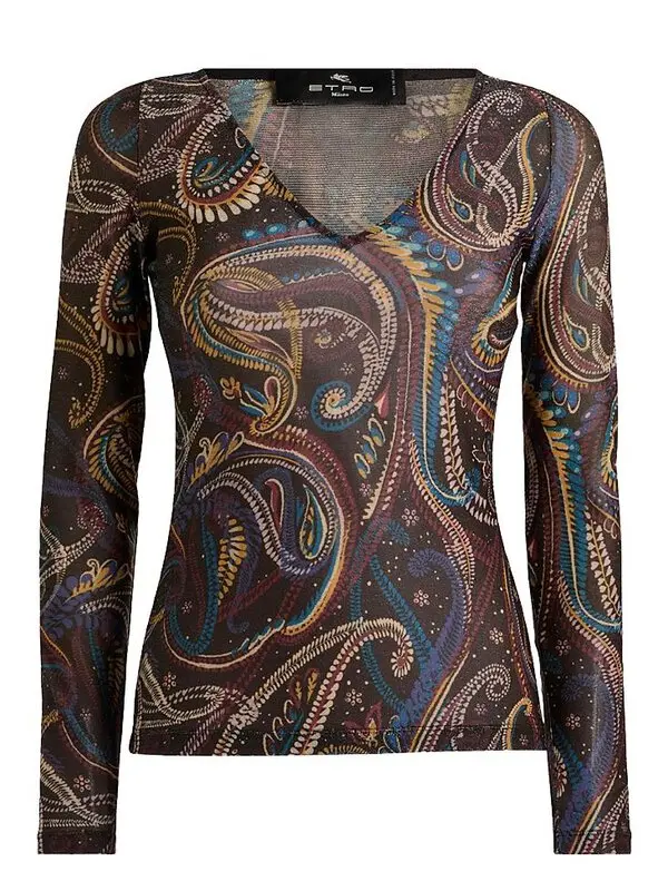 Etro Long Sleeve Jersey Top With Deep V Neck - Printed Black