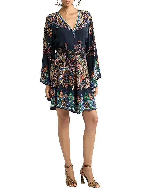 Etro Mini Blouson Dress With Belt - Printed Blue
