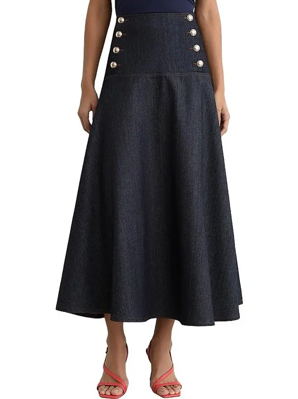 REISS Button Detail Denim Skirt - Dark Blue