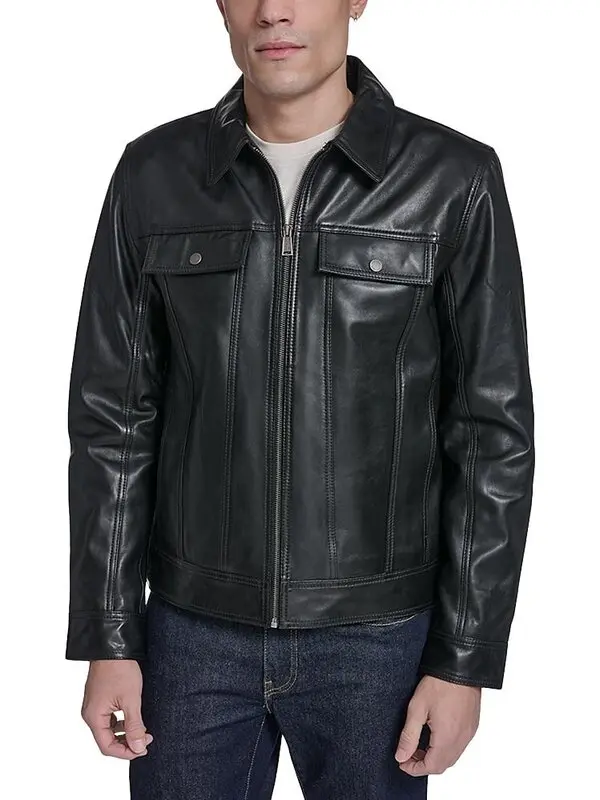 Cole Haan Leather Trucker Jacket - Black