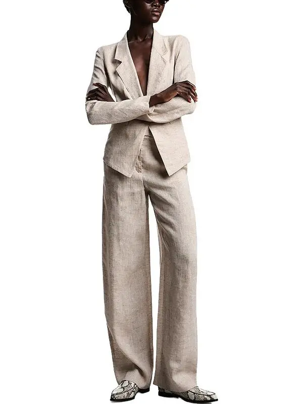 Emporio Armani Mixed Linen Chambray Tie-detailed Blazer - Melange Sand