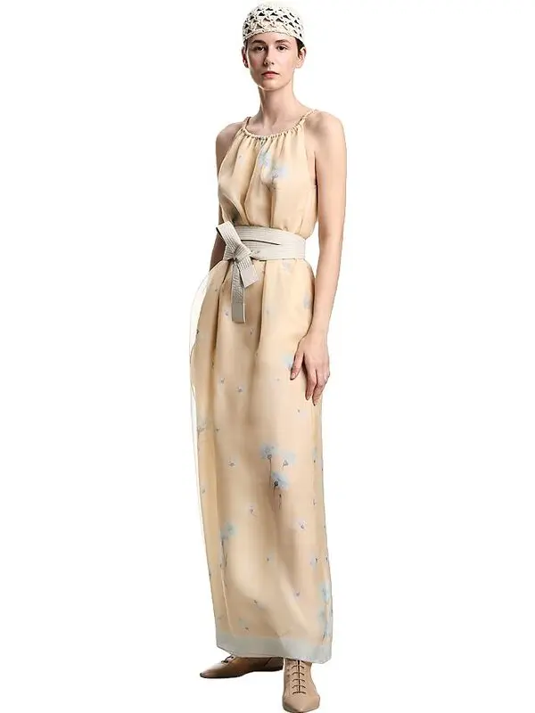 Emporio Armani Silk Organza Floral Print Maxi Dress - Vanilla/lavender Floral