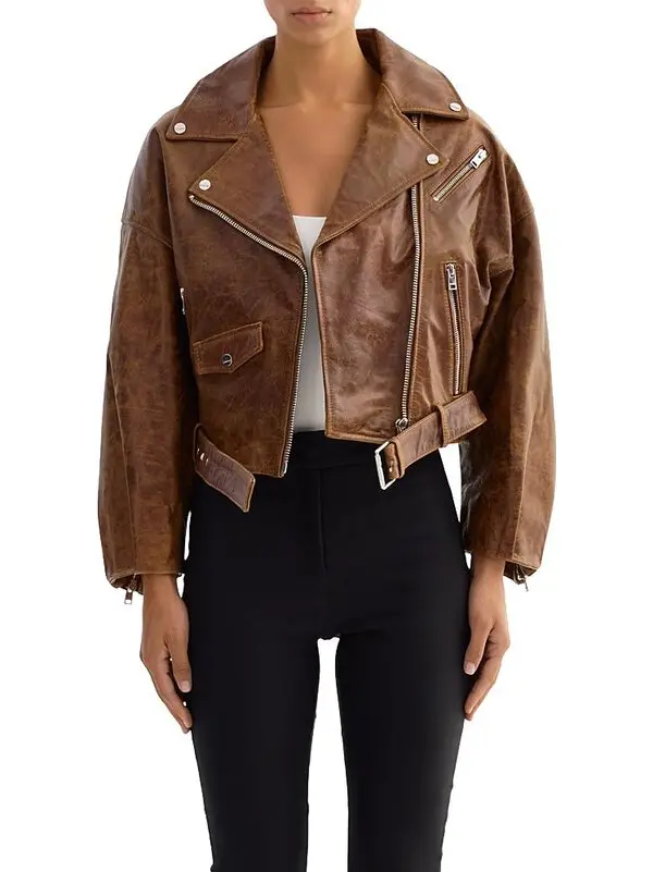 LAMARQUE Leather Cropped Biker Jacket - Brown