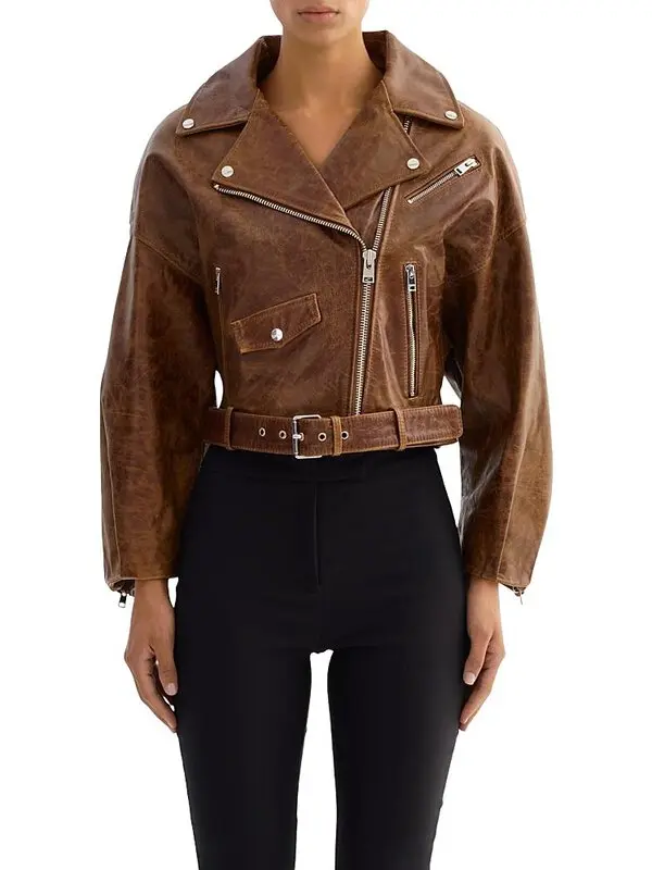 LAMARQUE Leather Cropped Biker Jacket - Brown