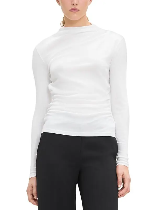 Theory High Neck Gathered Long Sleeve Tee - Ivory
