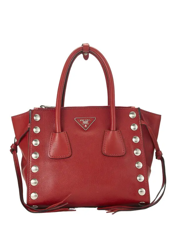 Prada Calfskin Studded Twin Pocket Tote - Red