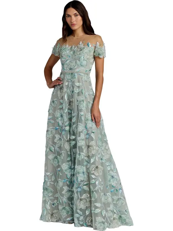 Mac Duggal Embellished A-line Gown With Floral Embroidery - Sage Multi