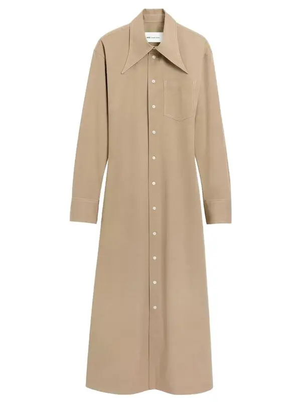 Ami Balloon Sleeve Fitted Shirt Midi Dress - Neutrals