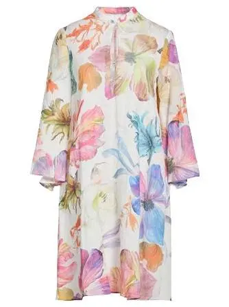 120% Lino Floral-print Linen Mini Kaftan Dress - White