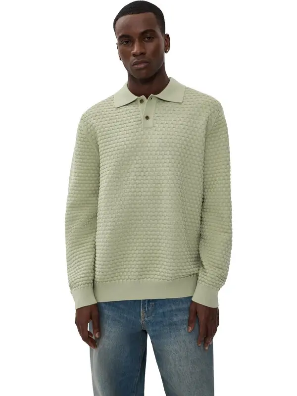 LES DEUX Billy Weave Knitted Long Sleeve Polo - Tea Green