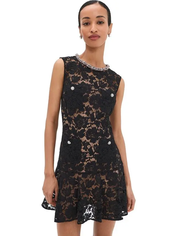 SELF-PORTRAIT Lace Mini Dress With Crystal Accents - Black