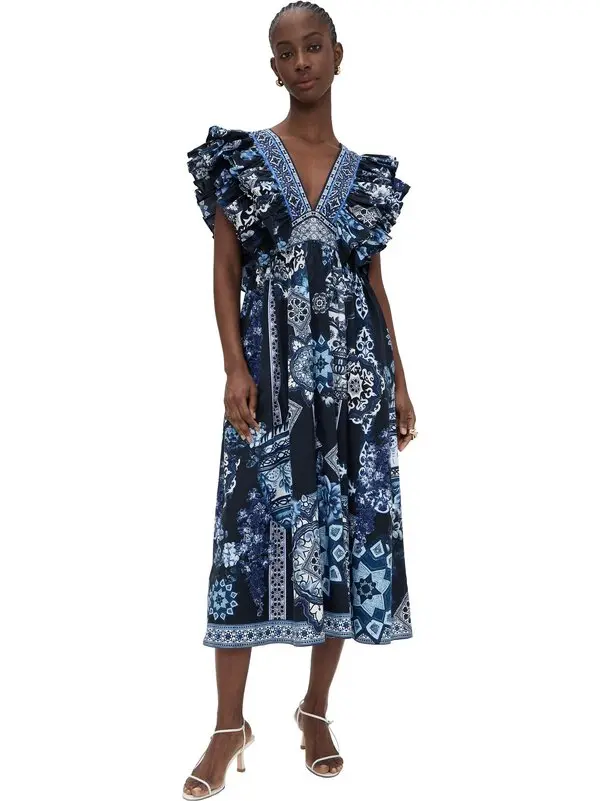 Camilla Double Frill Sleeve Midi Dress - A Tiled Wonderland