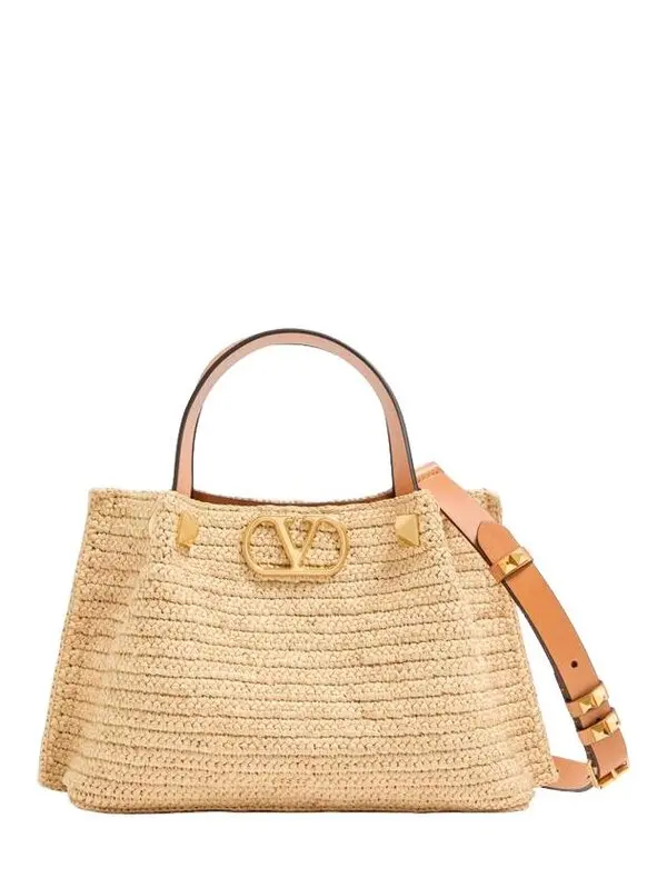 Valentino Garavani Small Raffia Shopping Bag With Vlogo Signature - Natural