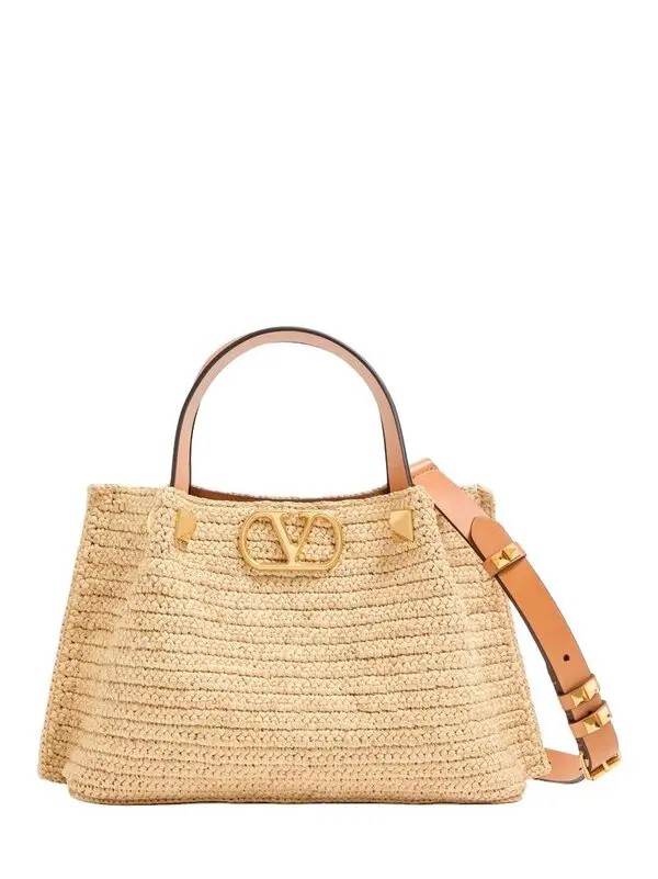 Valentino Garavani Small Raffia Shopping Bag With Vlogo Signature - Natural