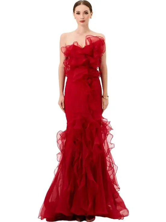 BARIANO Zita Strapless Ruffle Gown - Red