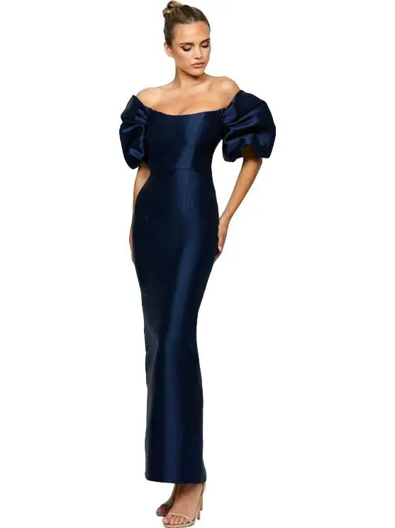 BARIANO Meredith Puff Sleeve Scooped Gown - Navy