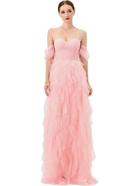 BARIANO Lili Off-shoulder Ruffle Gown - Pink
