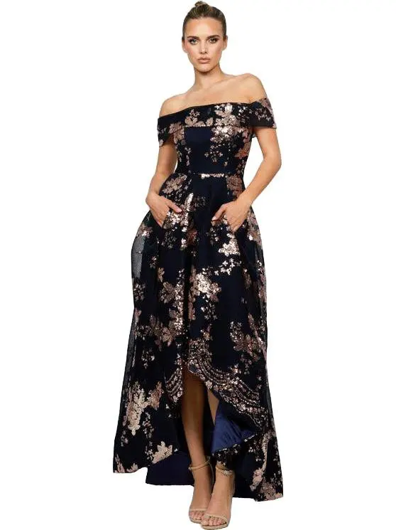 BARIANO Jessie Off-shoulder Mesh Ball Gown - Rose Gold/navy
