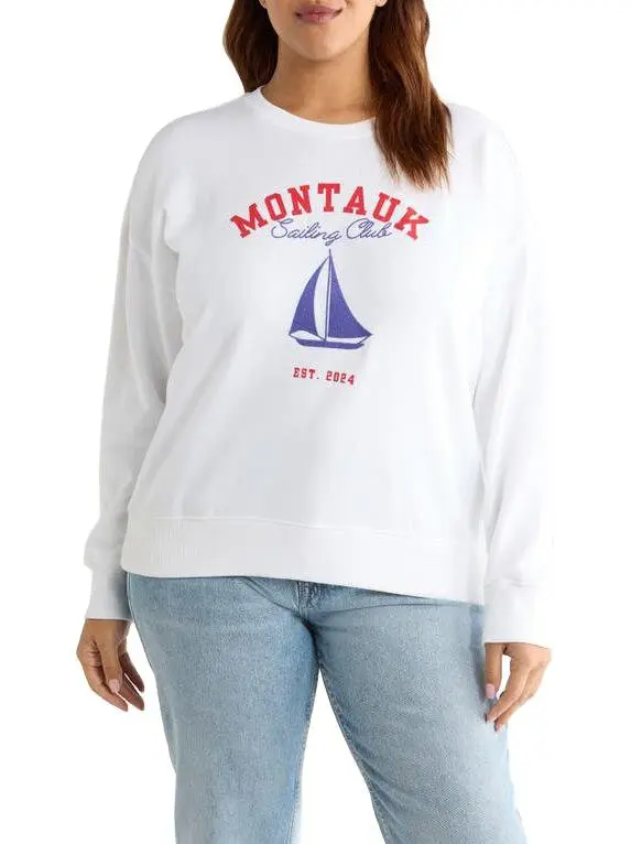 Caslon Montauk Sailing Embroidered Fleece Graphic Sweatshirt - White Montauk Sailing