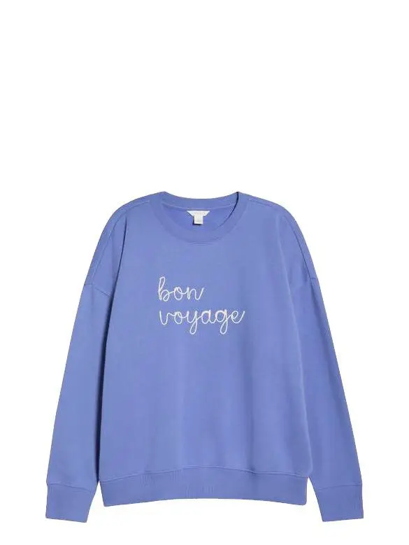 Caslon Bon Voyage Embroidered Fleece Sweatshirt - Blue Denim Bon Voyage