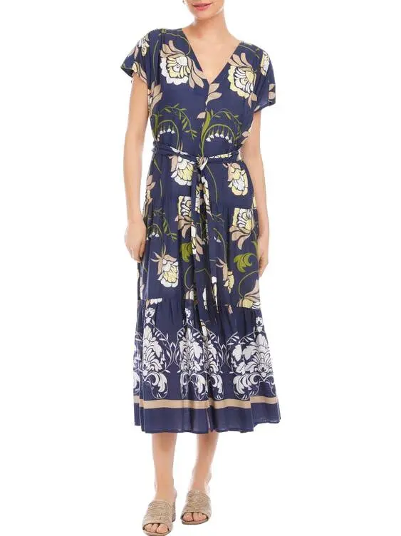 Fifteen Twenty Tiered Tie Waist Midi Dress - Blue Print