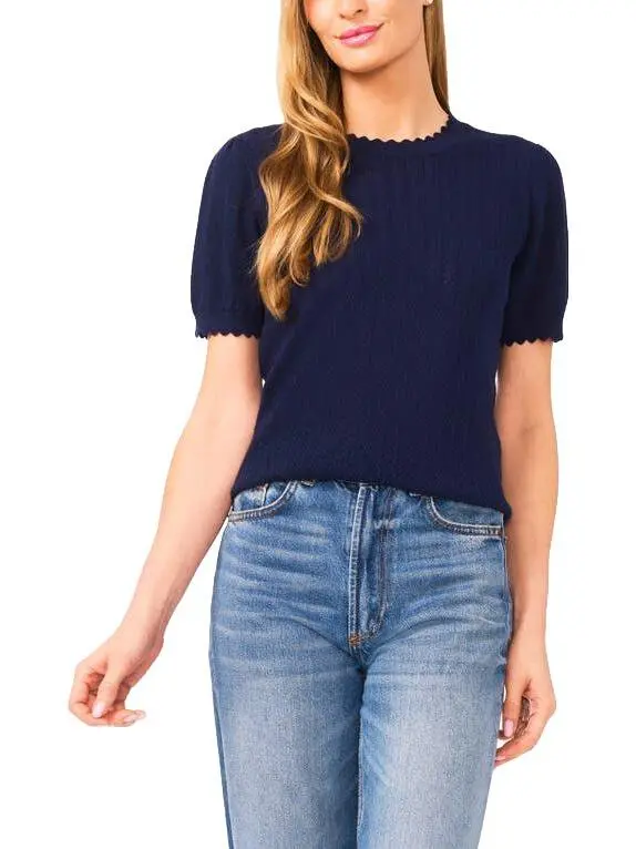 CECE DUPRAZ Short Sleeve Pointelle Stitch Sweater - Classic Navy