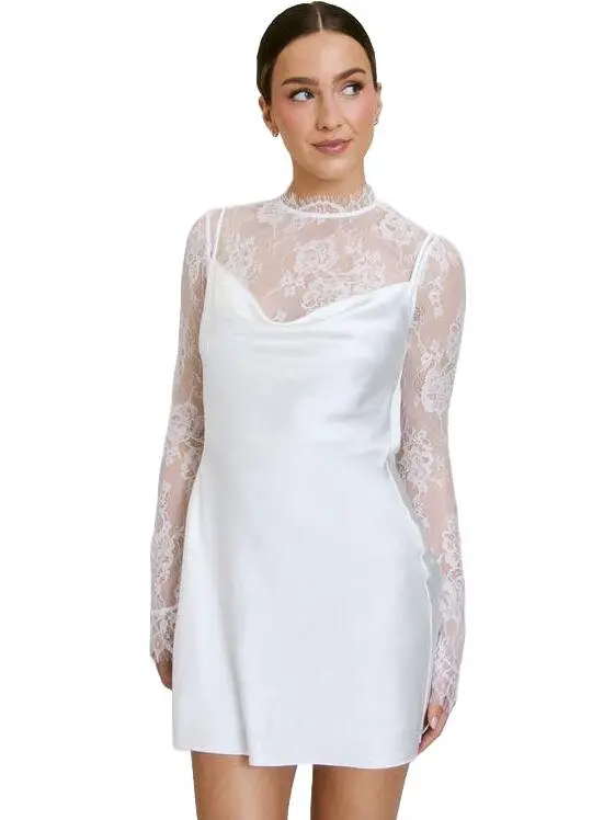 SIX STORIES Lace Sleeve Cowl Satin Mini Dress - White