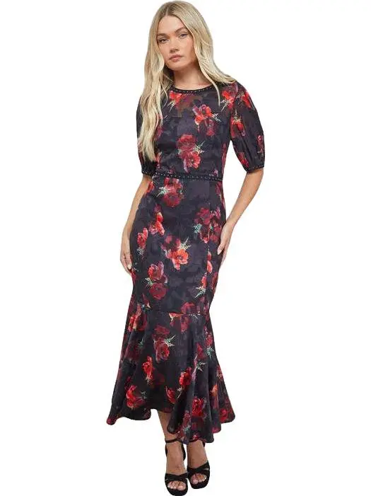 OASIS Stud Trim Puff Sleeve Midi Dress - Floral