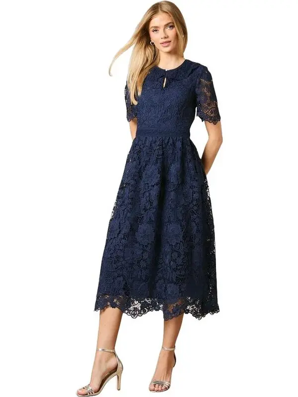 OASIS Lace Collared Midi Dress - Navy