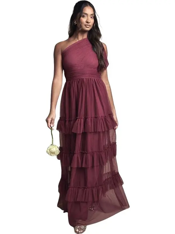 OASIS Pleated One-shoulder Tiered Maxi Dress - Berry