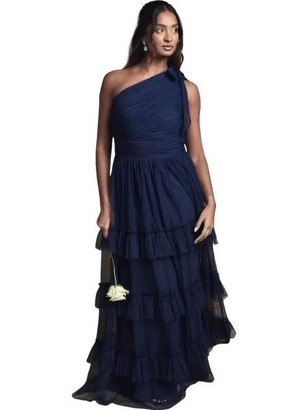 OASIS Pleated One-shoulder Tiered Maxi Dress - Navy