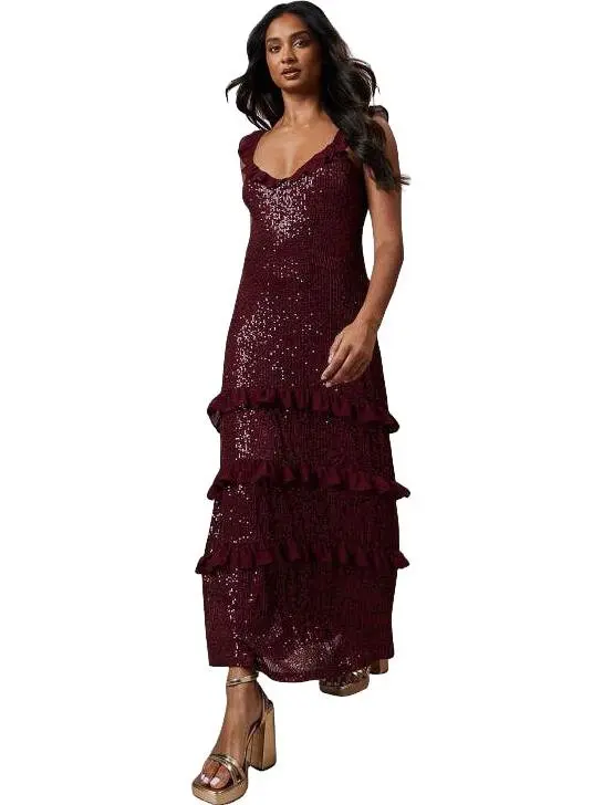 OASIS Sequin Ruffle Midaxi Dress - Berry