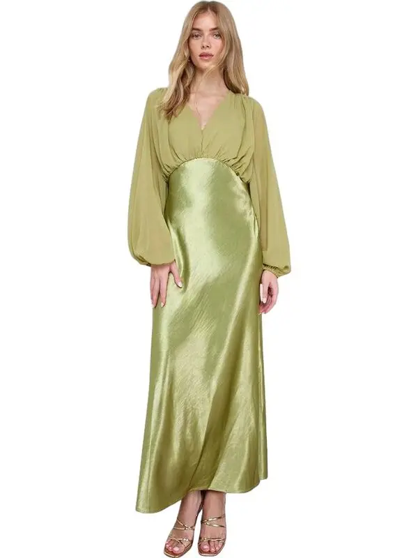 OASIS Satin Chiffon Mix V-neck Midaxi Dress - Olive