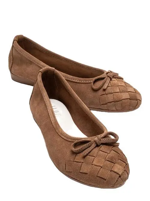 FOREVER & ALWAYS SHOES Nopos Leather Cap-toe Ballet Flat - Cognac Suede