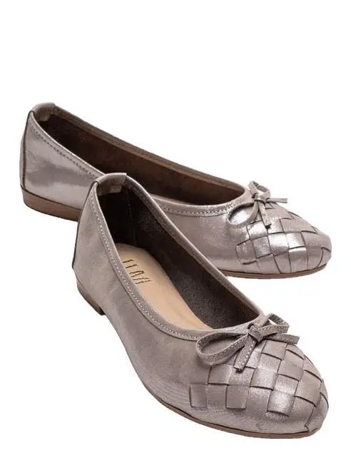 FOREVER & ALWAYS SHOES Nopos Leather Cap-toe Ballet Flat - Grey Glitter