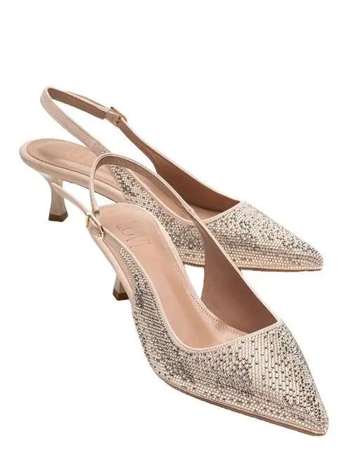 PROLOGUE SHOES Nella Embellished Slingback Pointed Toe Pump - Nude
