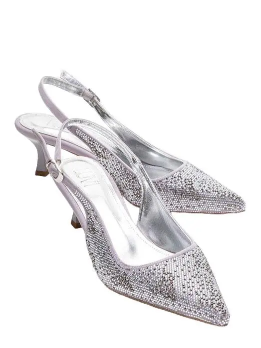 PROLOGUE SHOES Nella Embellished Slingback Pointed Toe Pump - Silver