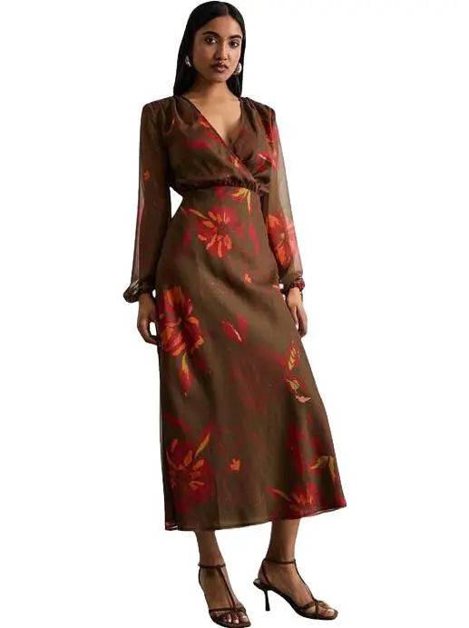 WAREHOUSE Printed V-neck Tie-detail Midi Dress - Brown