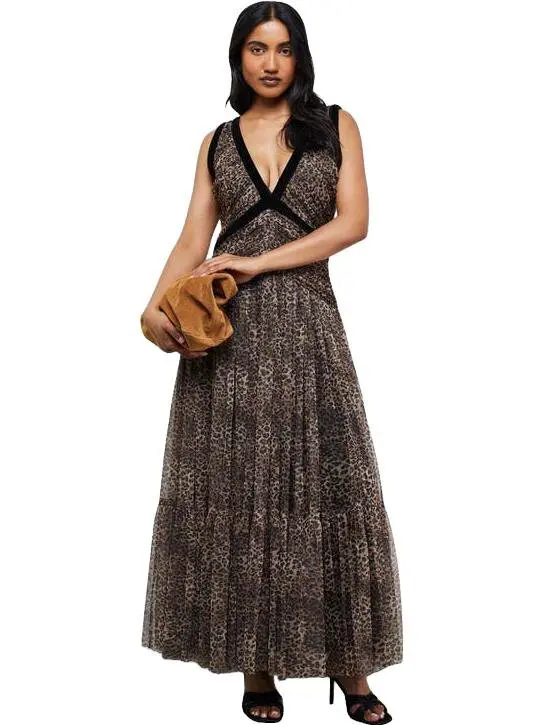 WAREHOUSE Velvet Trim Leopard Tulle Maxi Dress - Animal