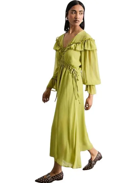 WAREHOUSE Ruffle Shoulder Detail Maxi Dress - Chartreuse