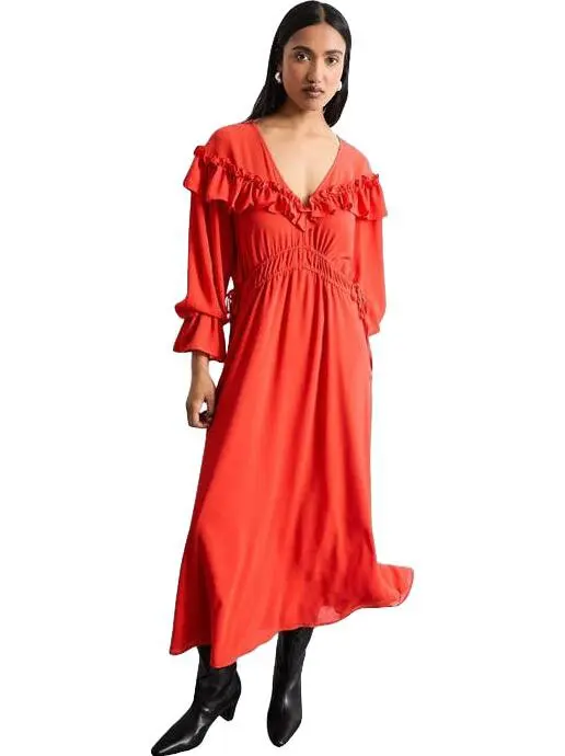 WAREHOUSE Ruffle Shoulder Detail Maxi Dress - Red