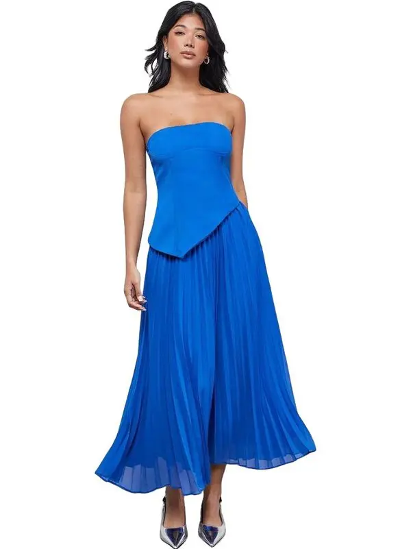 WAREHOUSE Bandeau Bodice Pleated Midi Dress - Cobalt