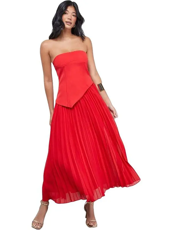 WAREHOUSE Bandeau Bodice Pleated Midi Dress - Red