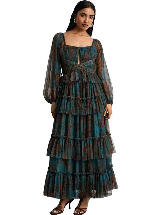 WAREHOUSE Abstract Print Cut Out Maxi Dress - Blue