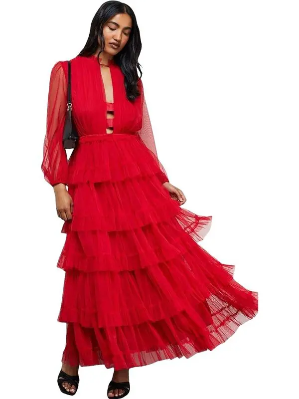 WAREHOUSE Ruffle Neck Tulle Maxi Dress - Red