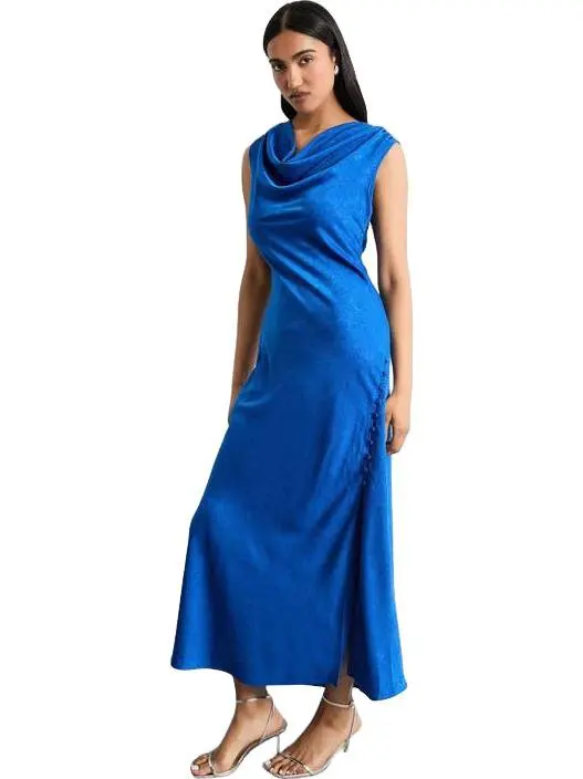 WAREHOUSE Cowl Bias Satin Button Detail Dress - Cobalt