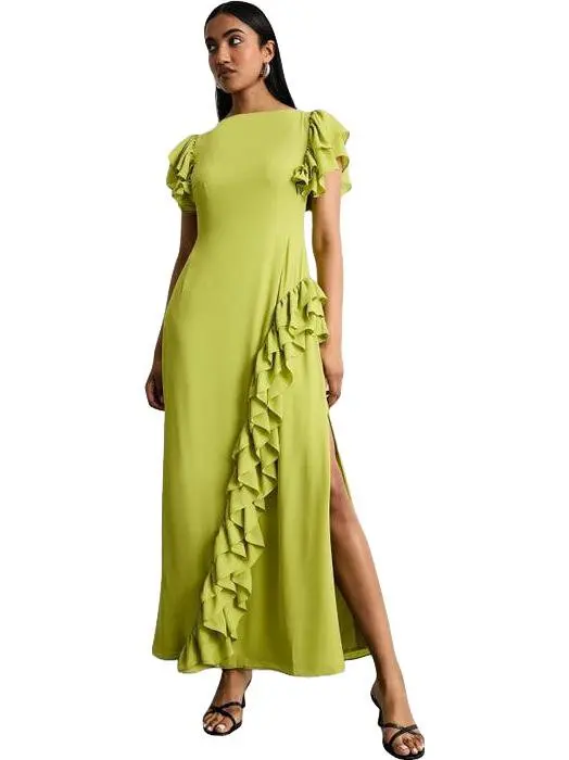 WAREHOUSE Side Split Ruffle Detail Maxi Dress - Lime