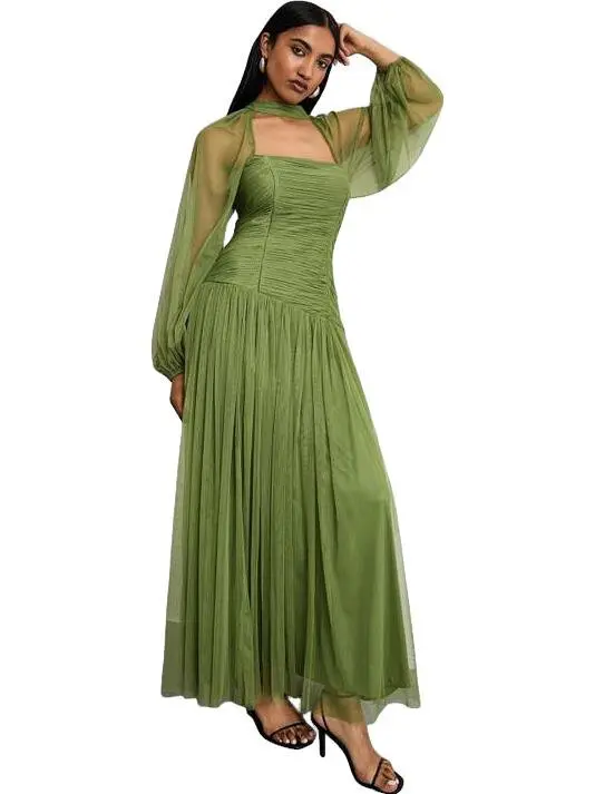 WAREHOUSE Bow Detail Gathered Tulle Maxi Dress - Green